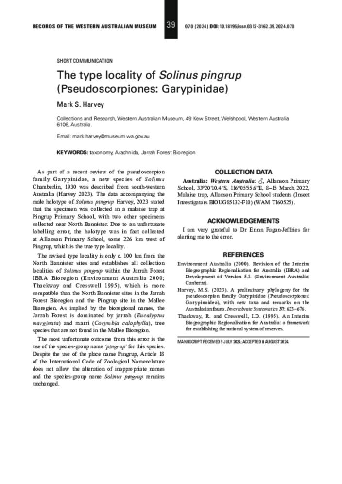 The type locality of Solinus pingrup (Pseudoscorpiones: Garypinidae ...